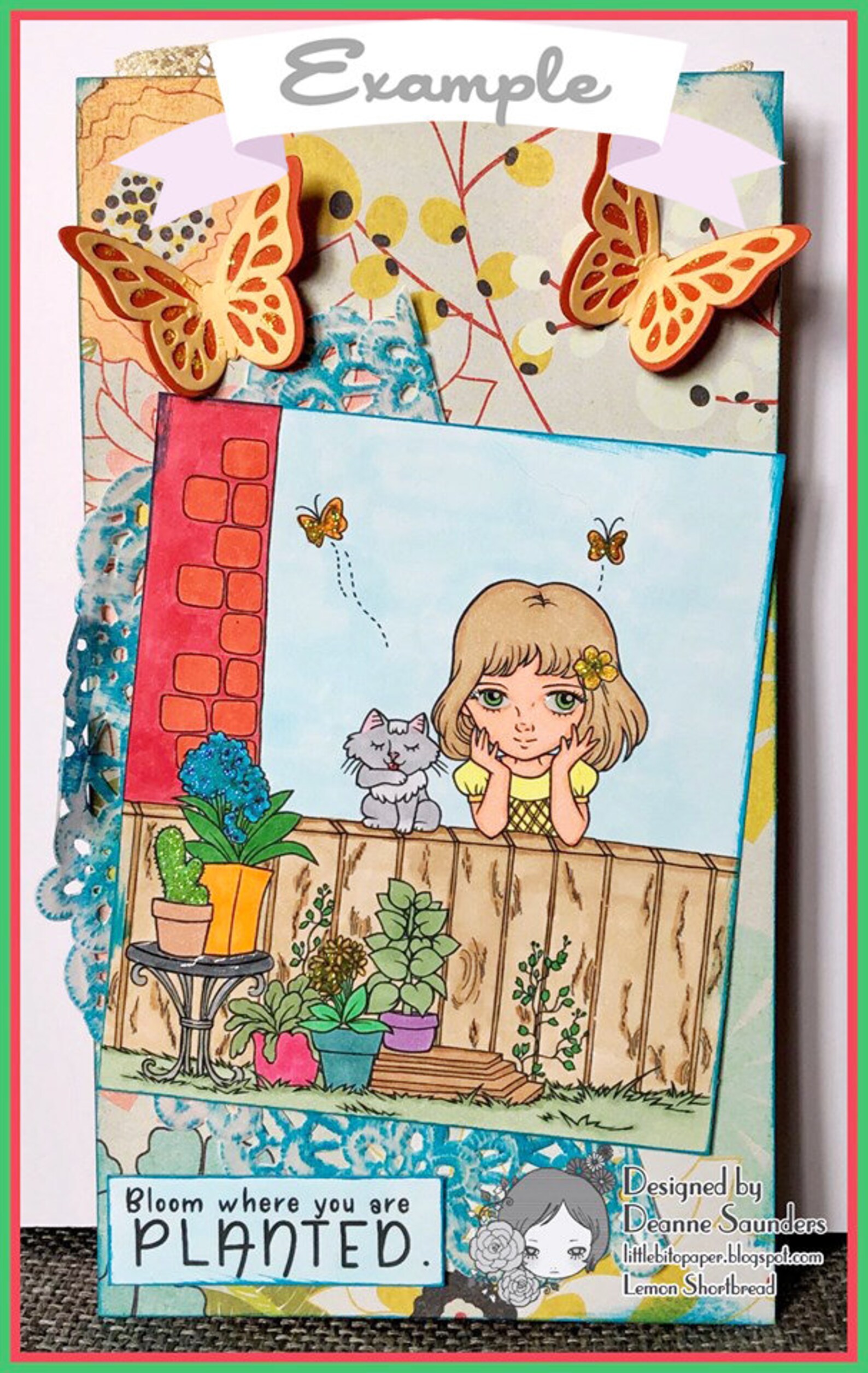 Digital Stamp Garden Girl With Cat, Digi Printable Coloring Page ...