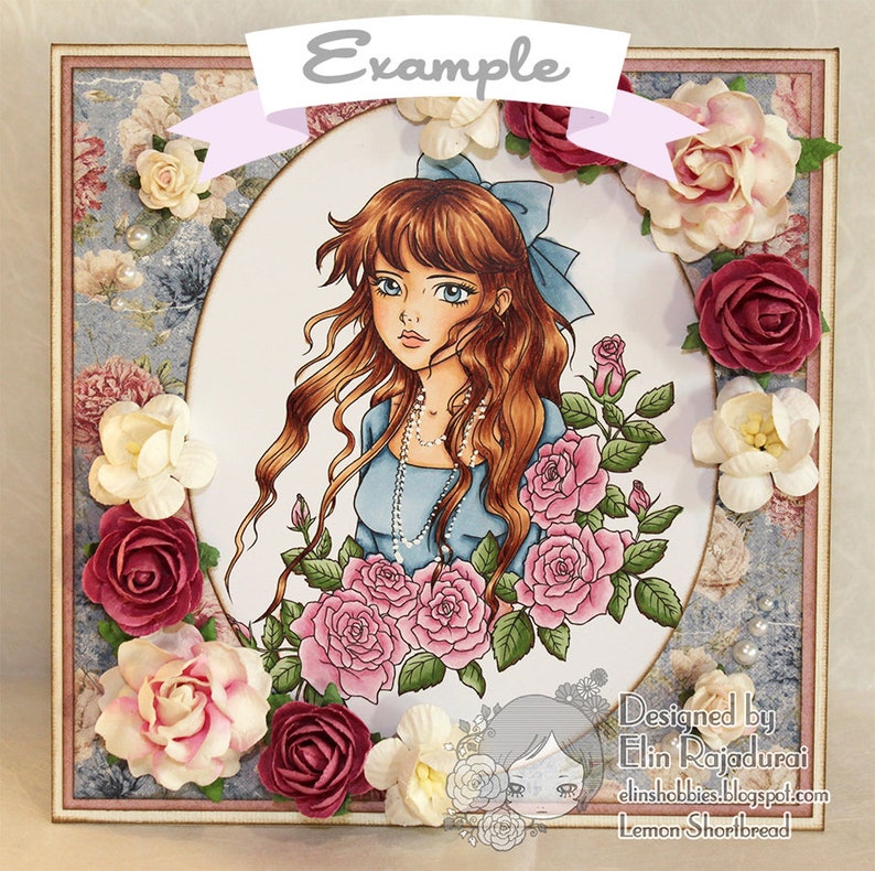 Digital Stamp Ribbon Roses Girl Digi Printable Coloring Page - Etsy