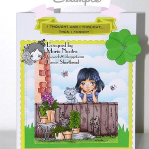 Digital Stamp Garden Girl With Cat, Digi Printable Coloring Page ...