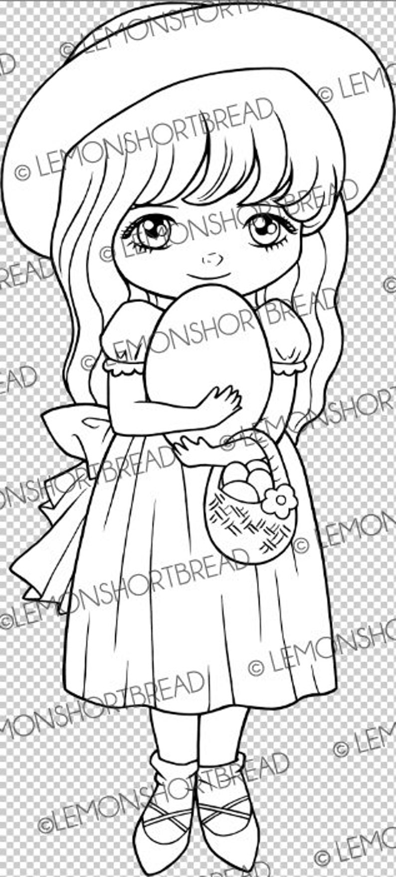 Easter Egg Digital Digi Stamp Download Girl Basket Eggs - Etsy