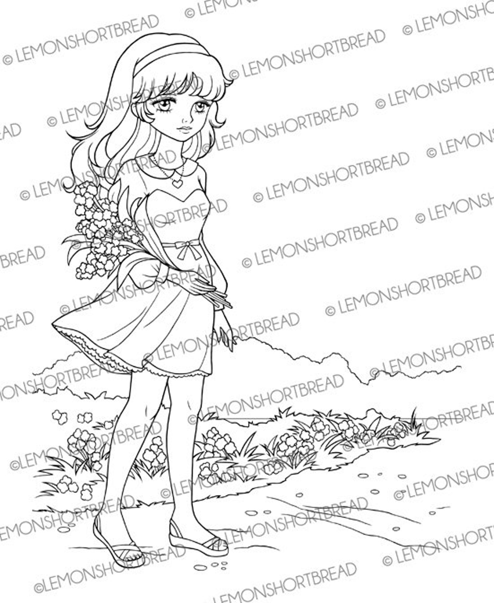 Digital Stamp Flower Garden Girl Digi Colouring Page Idyllic - Etsy