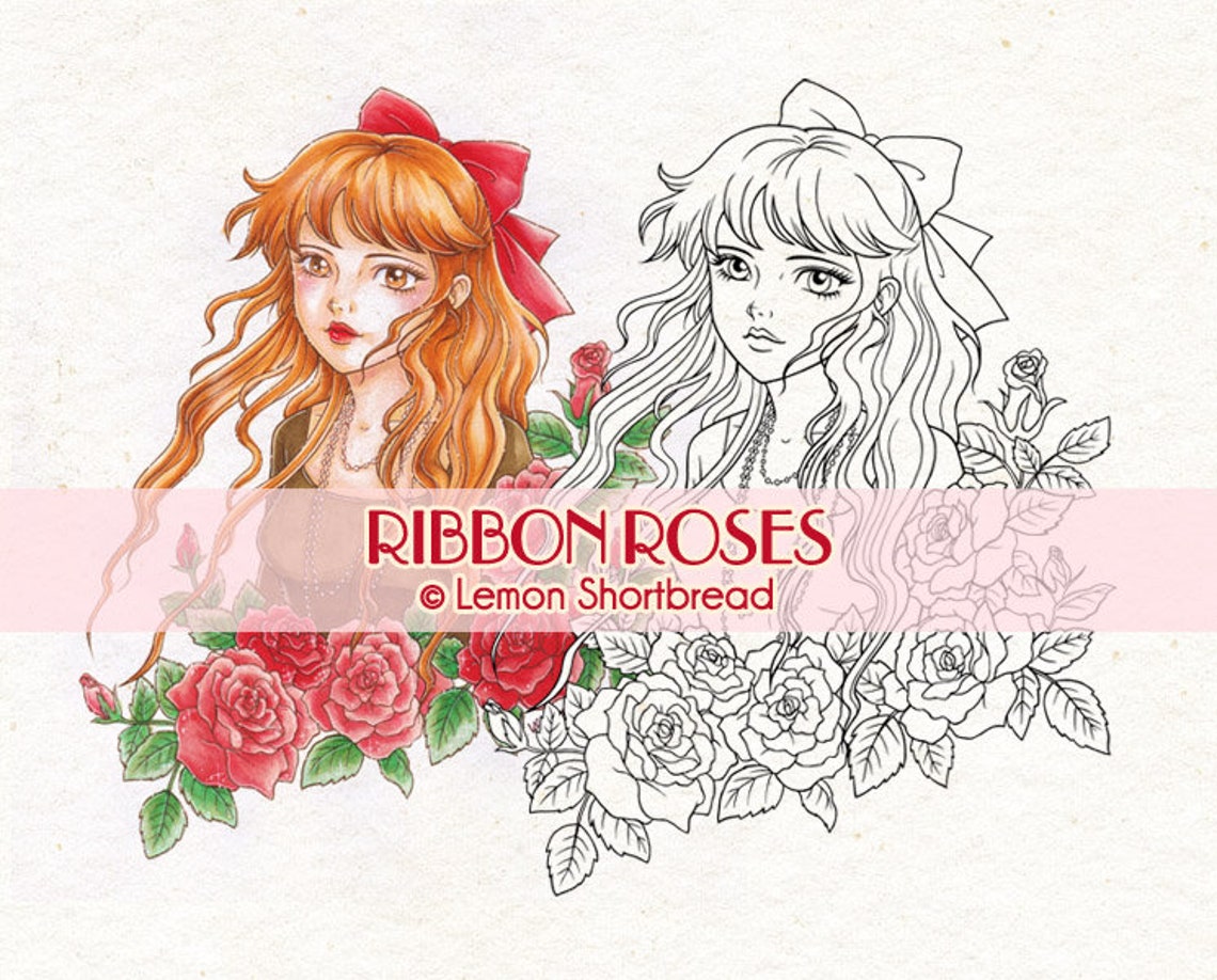 Digital Stamp Ribbon Roses Girl Digi Printable Coloring Page - Etsy