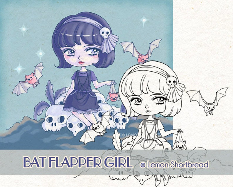 Digital Stamp Bat Flapper Girl, Digi Halloween Goth, Skulls Witch ...