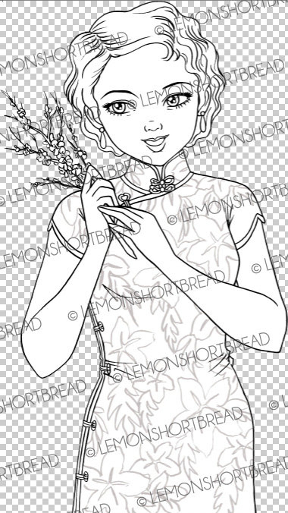 Digital Stamp Chinese Lady Plum Blossoms, Digi Coloring Page Download ...