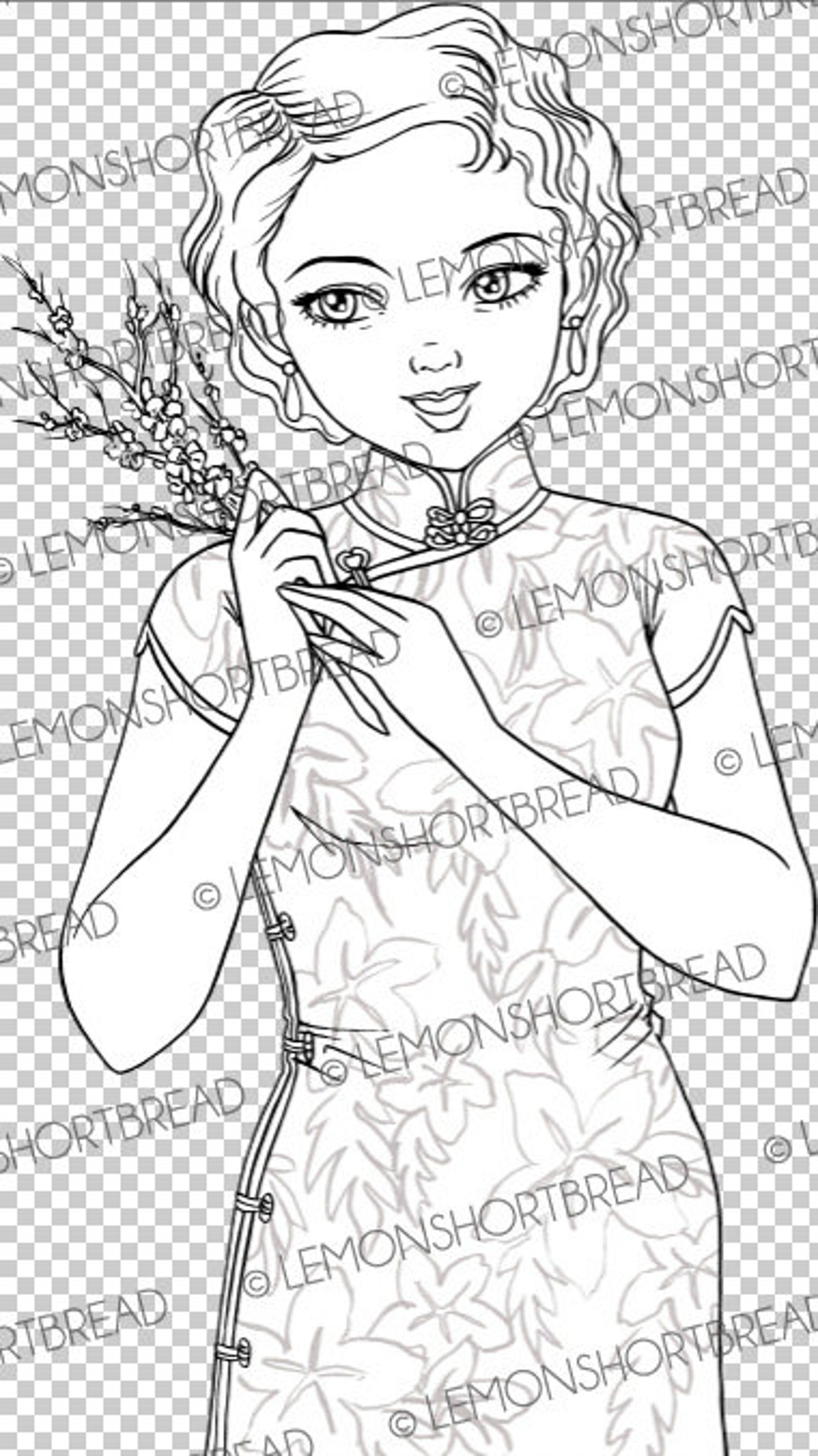 Digital Stamp Chinese Lady Plum Blossoms, Digi Coloring Page Download ...