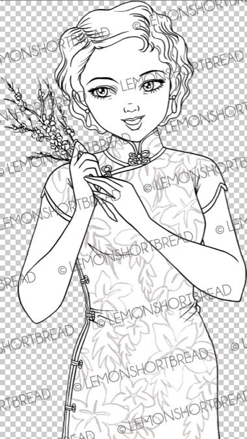Digital Stamp Chinese Lady Plum Blossoms, Digi Coloring Page Download ...