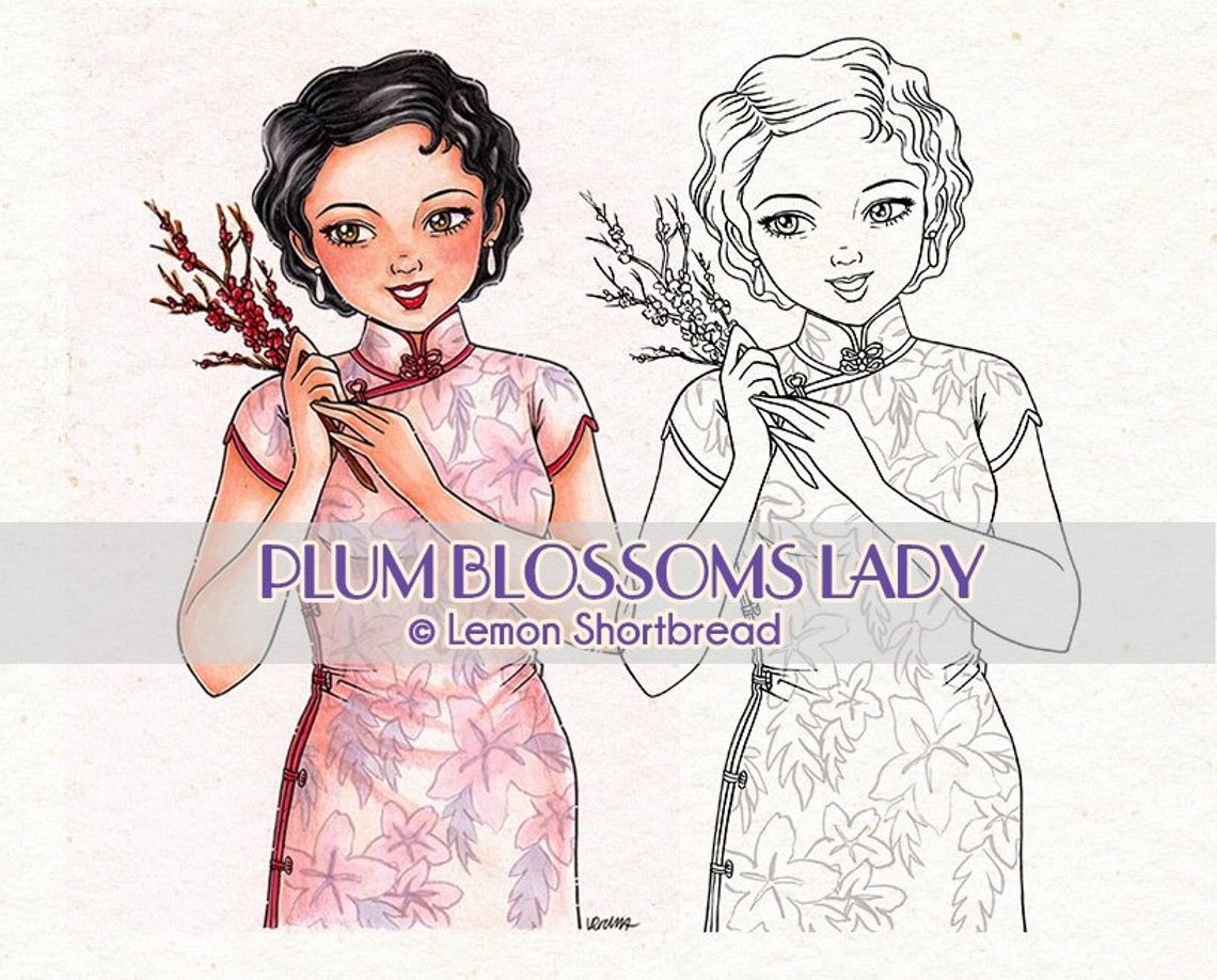Digital Stamp Chinese Lady Plum Blossoms, Digi Coloring Page Download ...