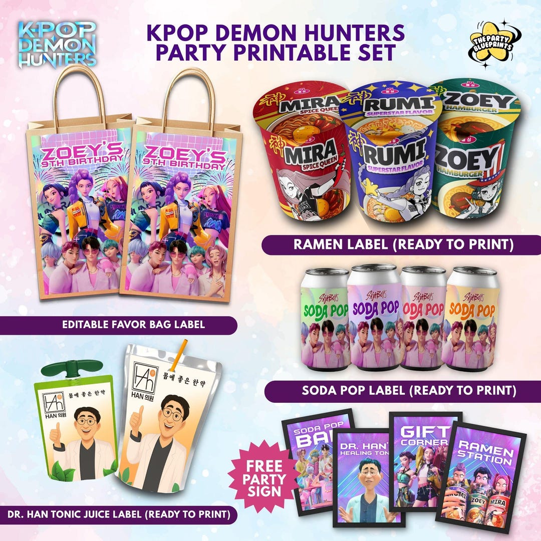 Kpop Demon Hunters Max Party Set: Favor Bag Label, Station Sign, Ramen ...