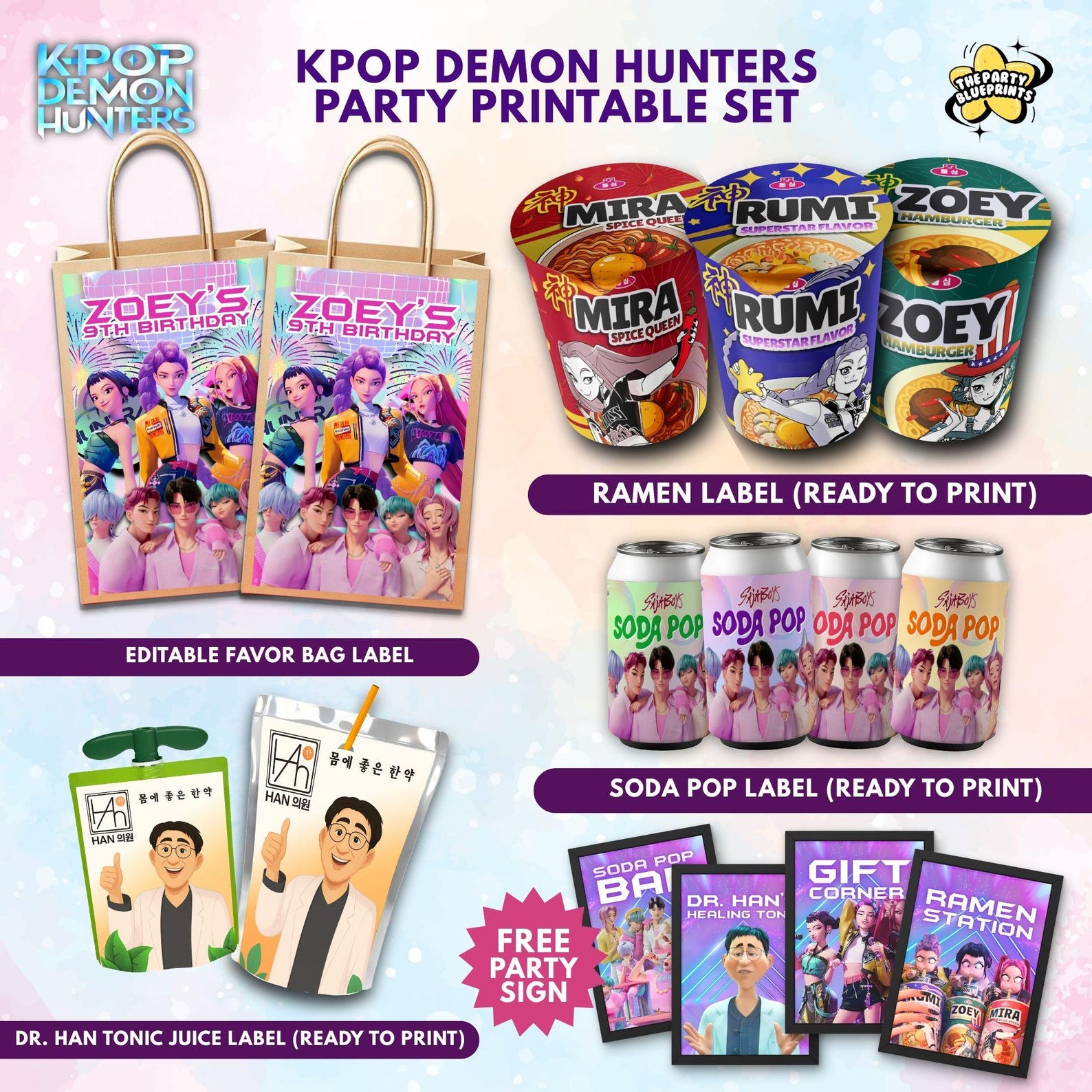 K-pop Demon Hunters Birthday Party Printables | Favor Bag Label + Ramen ...