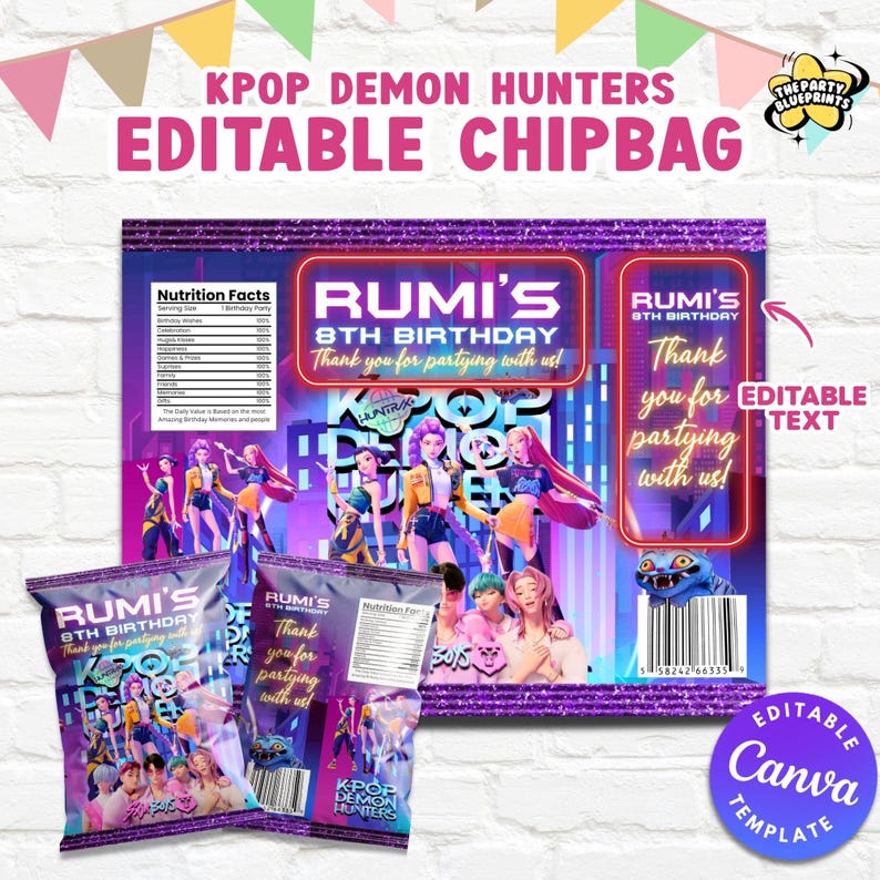 KPOP Demon Hunters Chip Bag Template | Editable Canva Chip Bag | Kpop ...