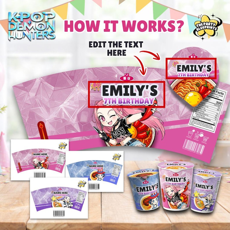 Pastel Kpop Demon Hunters Birthday Party Ramen Cup Label Editable Canva ...