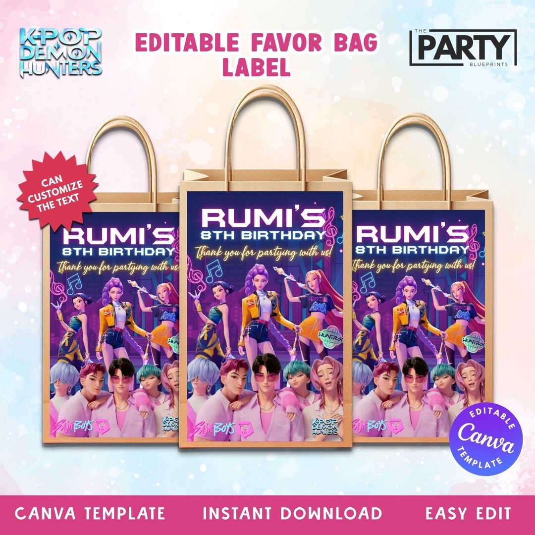 Editable Kpop Demon Hunters Birthday Favor Bag Label | Demon Hunters ...