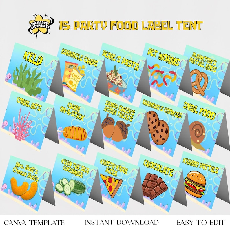 Sponge Birthday Food Labels: Editable Tent Cards (digital Download) - Etsy