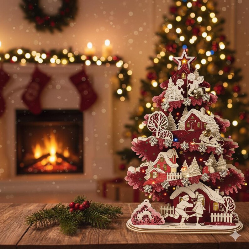 Laser Cut Christmas Tree SVG File, Layered Winter Village Scene, DIY ...