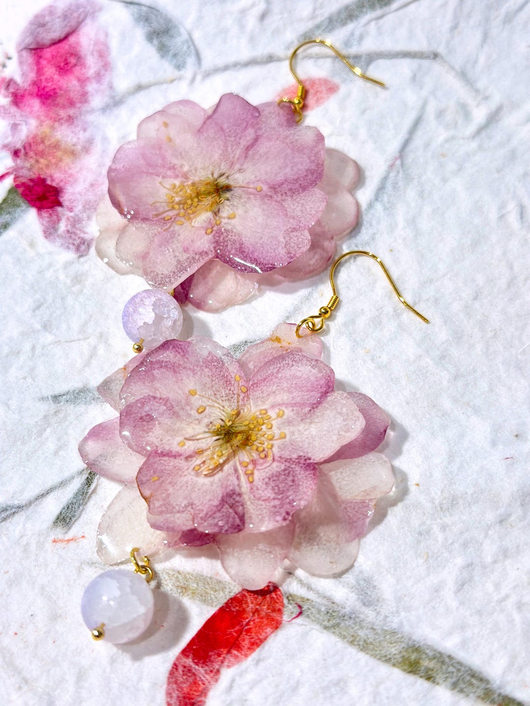 Handmade Begonia Flower Earrings, Resin Coated, Gold Plated - Etsy