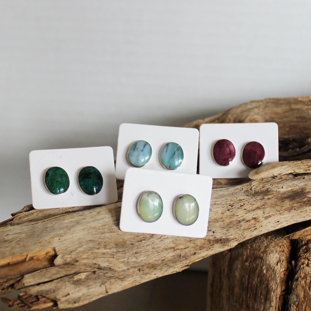 Oval Shape Stones Studs Earrings Made of Genuine Gemstones and 950 Sterling Silver Bezel Black ...