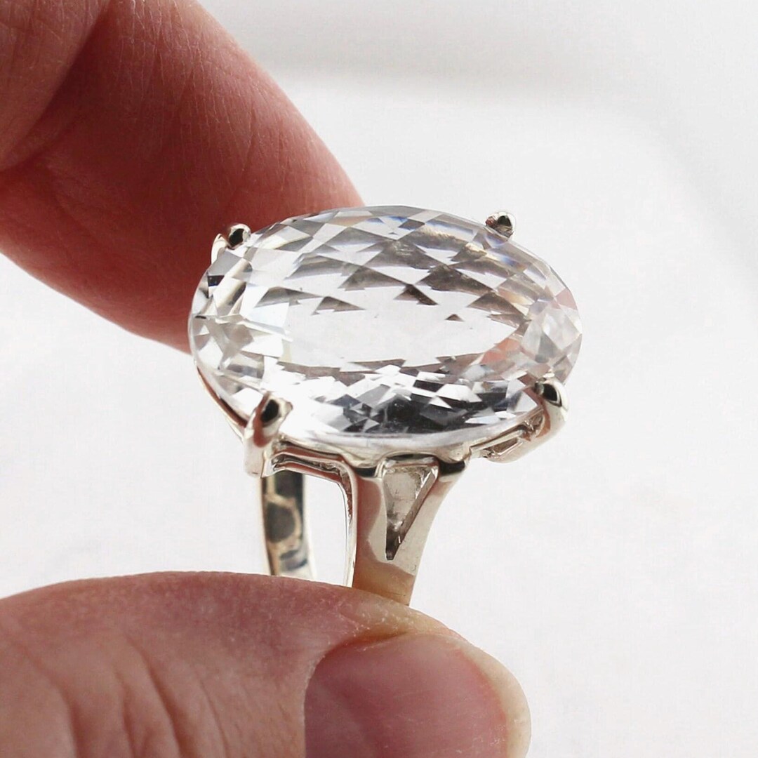 Oval Quartz Crystal Ring: Checkerboard Cut Sterling Silver, Size 8.5 - Etsy
