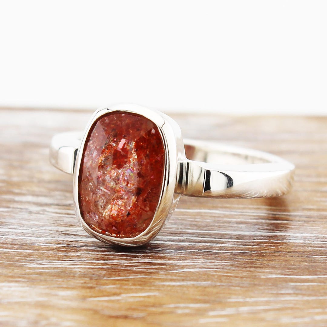 Sparkling Multi Colours Sunstone Ring Cushion Cut Stone Natural Sunstone Set on a Solid 925 ...