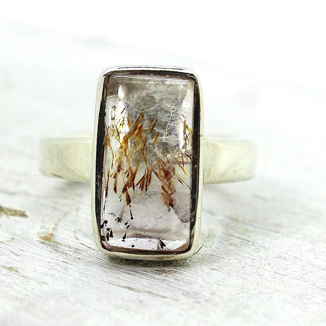 Super 7 Elestial Stone Ring: Sterling Silver Cacoxenite Cabochon - Etsy