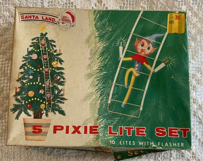Vintage Santa Land 5 Pixie Lite Set Ladder 10 Lights 5 Pixie Elves Hong ...