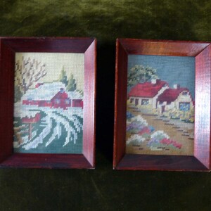 Pair Small Needlepoint Cottage Scenes Winter & Summer Nicely Framed ...