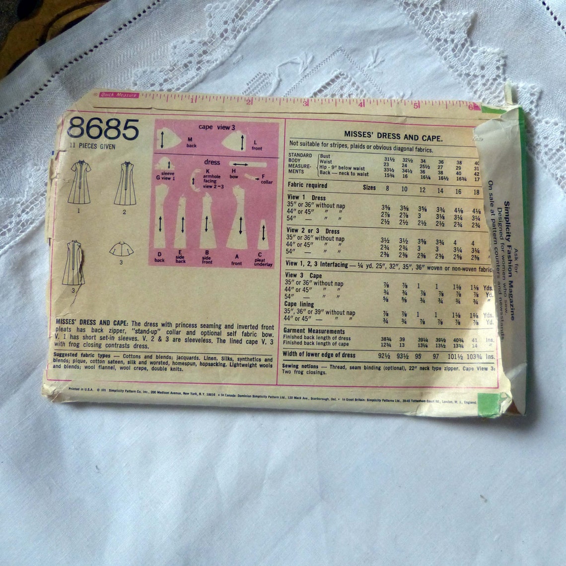 Simplicity 8685 Vintage Sewing Pattern Women's Dress Cape - Etsy