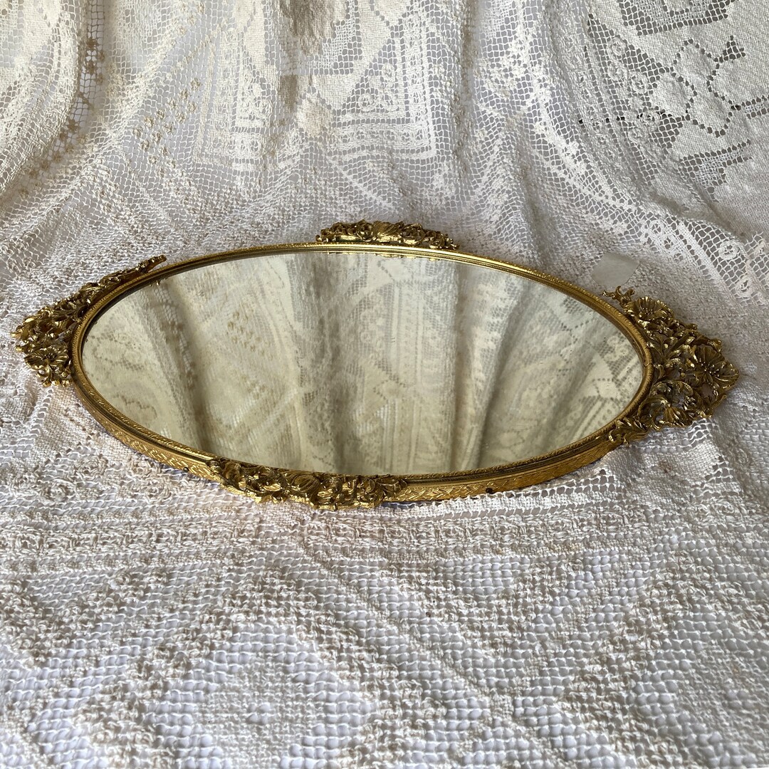Matson Oval Mirrored Vanity Tray With Floral Handles Gold Plated - Etsy
