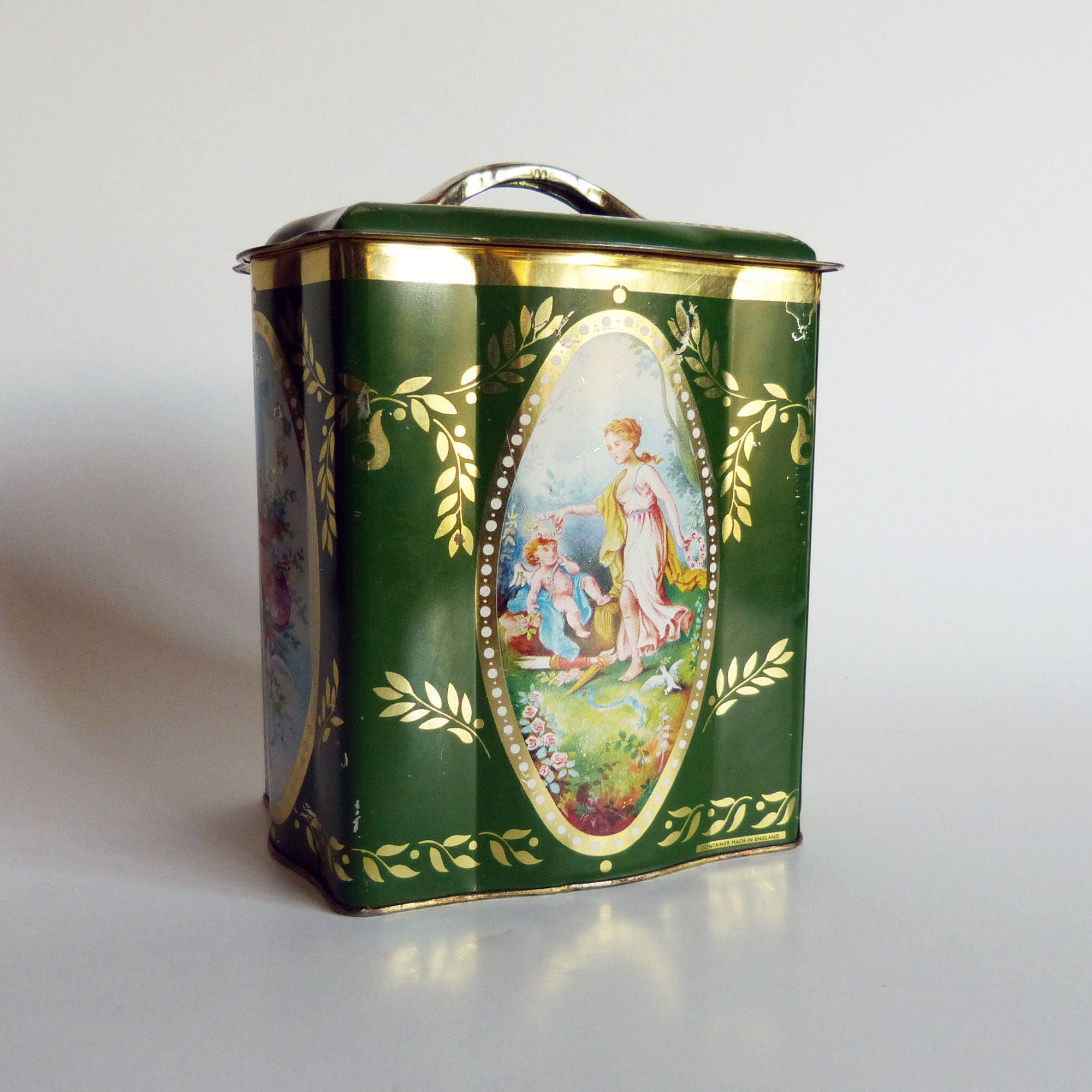 Shapely Vintage Lidded Tin With Woman & Cherub Scene Green | Etsy