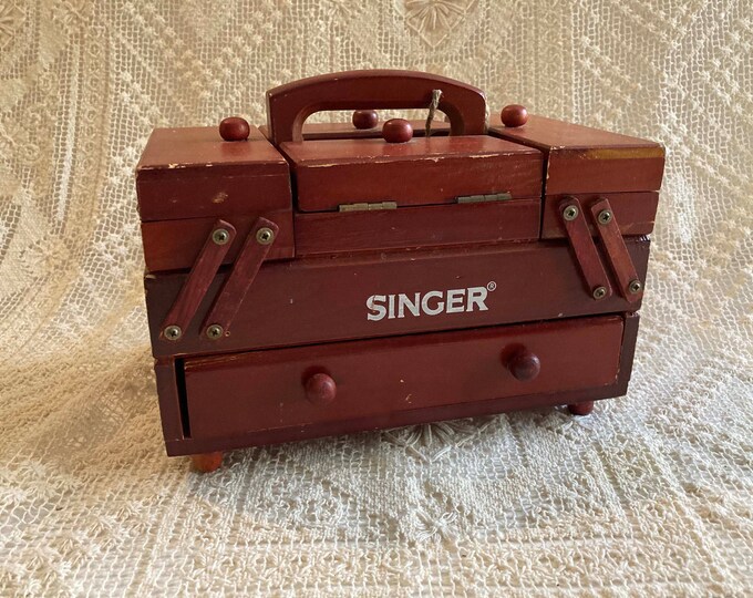 Wooden Accordian Singer Sewing Box Hinged Double Lid & Handle Miniature ...
