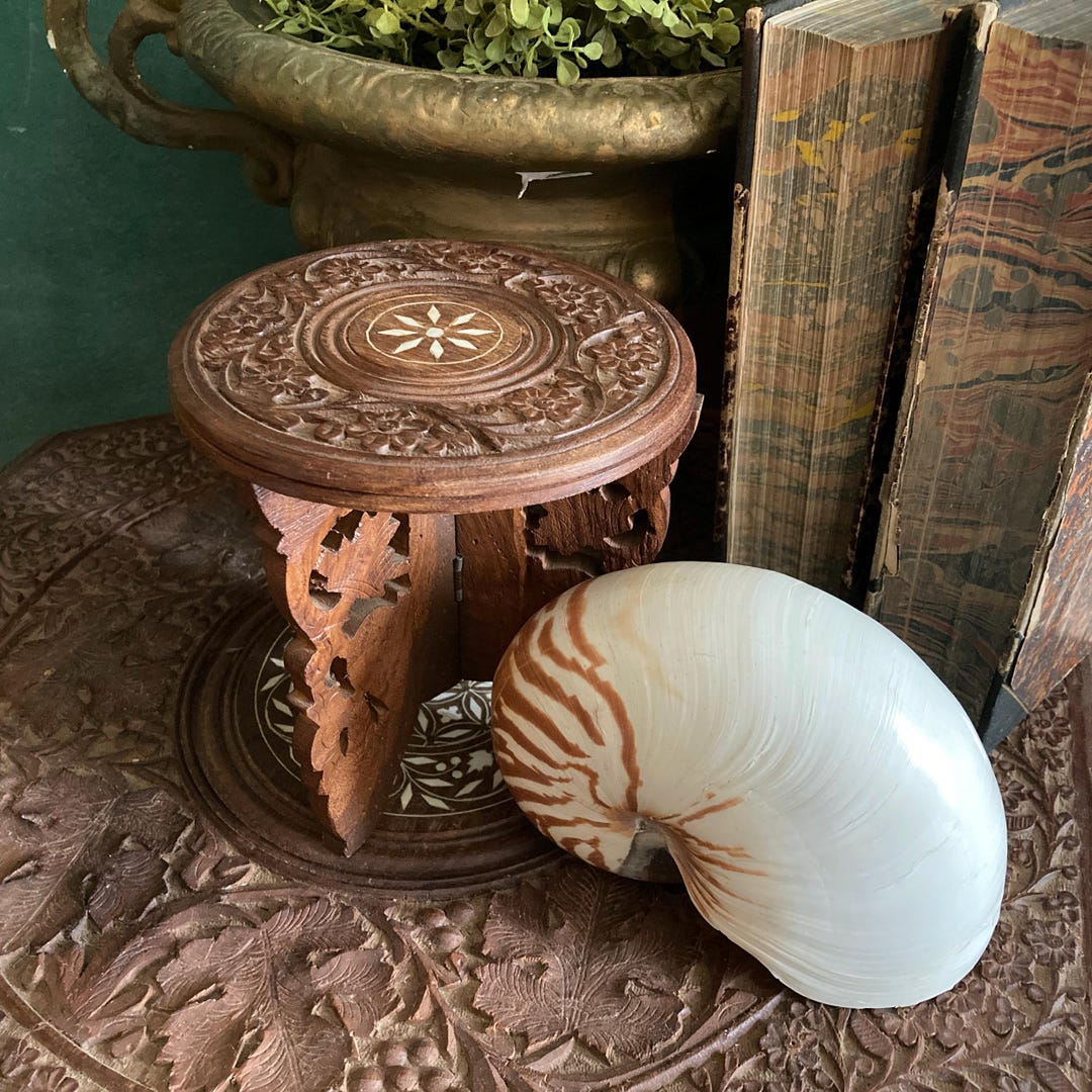 Carved Small Table / Plant Stand Carved Brass Inlay Round Top Folding ...
