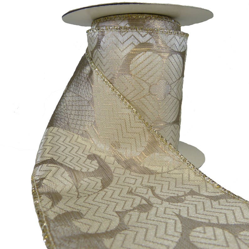 Ivory & Metallic Taupe Deco Floral Wired Ribbon 4 Wide - Etsy