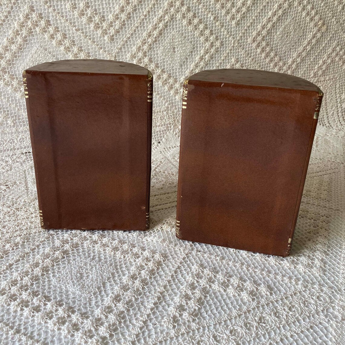 Half Round Bookends Pair Brown Faux Leather & Gold Tooled Border Design ...