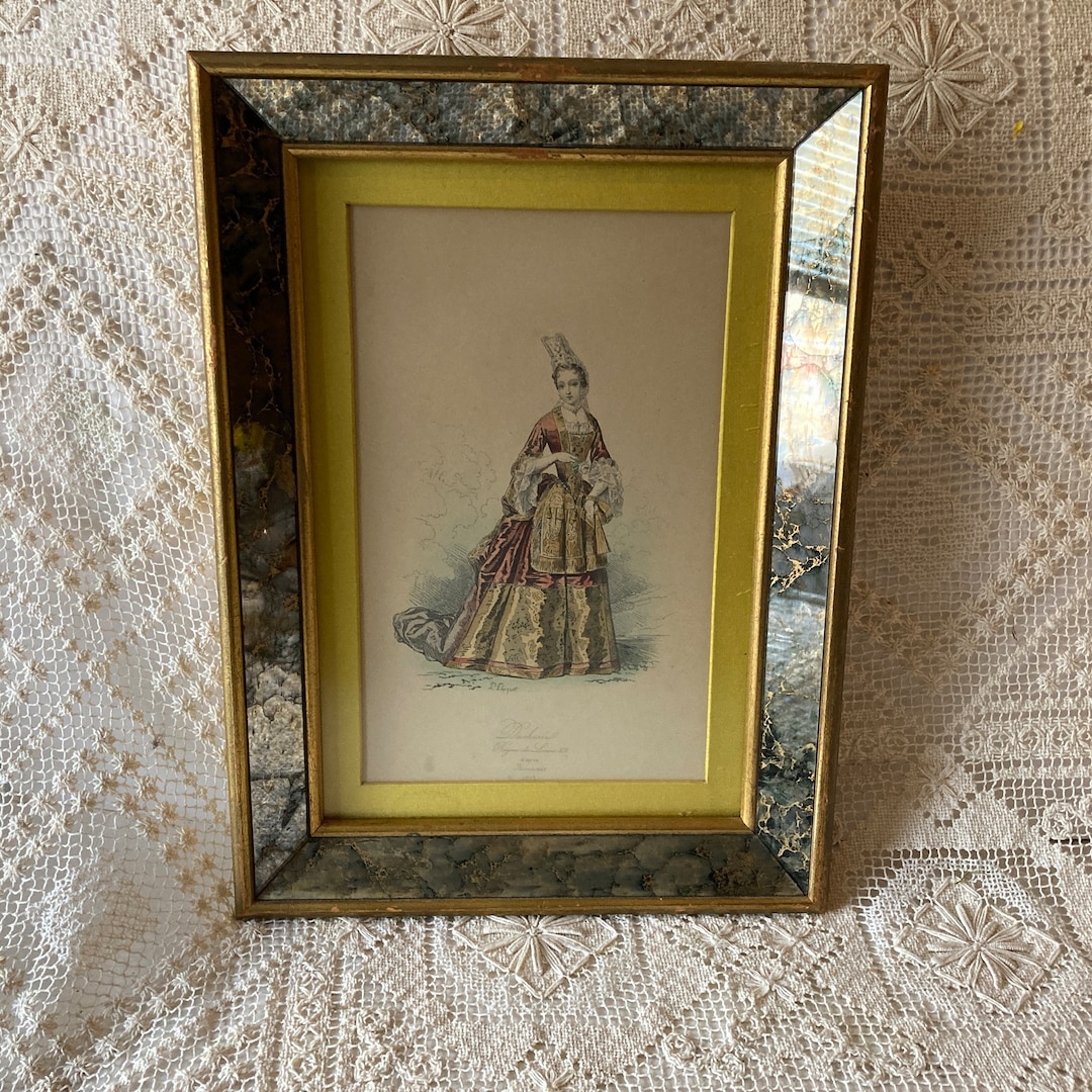 French Fashion Lithograph: Duchesse, Louis XIV, Gold Marbled Mirror ...