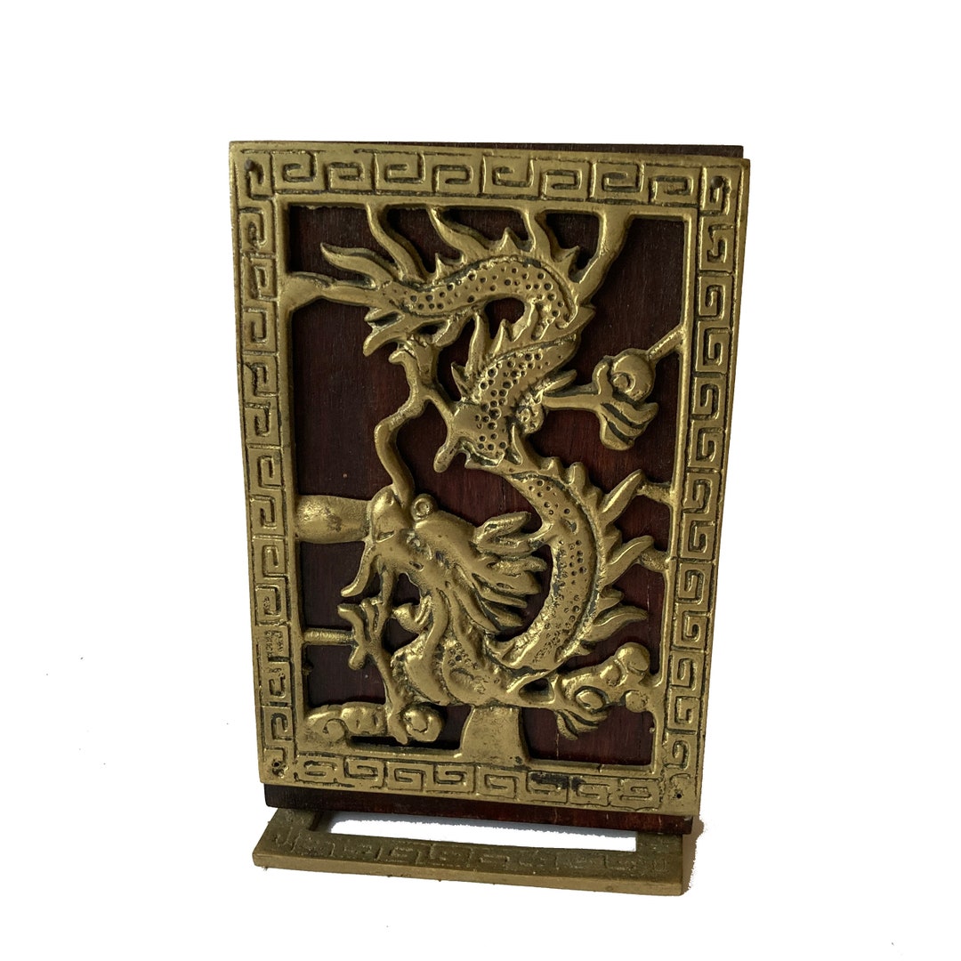 Brass Chinese Dragon Panel on Rosewood Block Single Bookend - Etsy