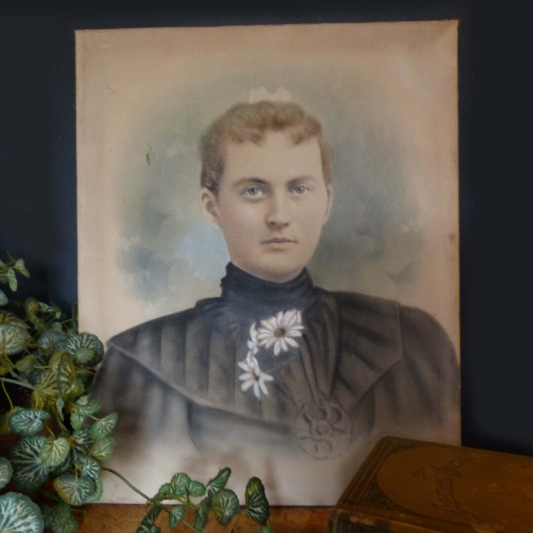 Antique Hand Tinted Portrait Photograph Spooky Woman Mounted Stretched ...