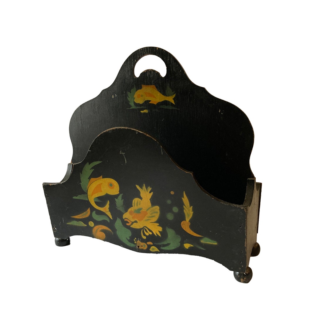 Shapely Wooden Magazine Rack 236 Black Painted Scenes Goldfish ...