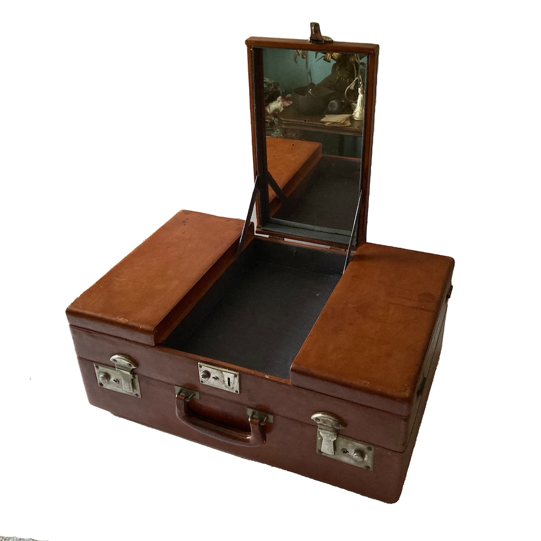Leather Vintage Travel Vanity Suitcase Pop up Mirror With Fold Out ...