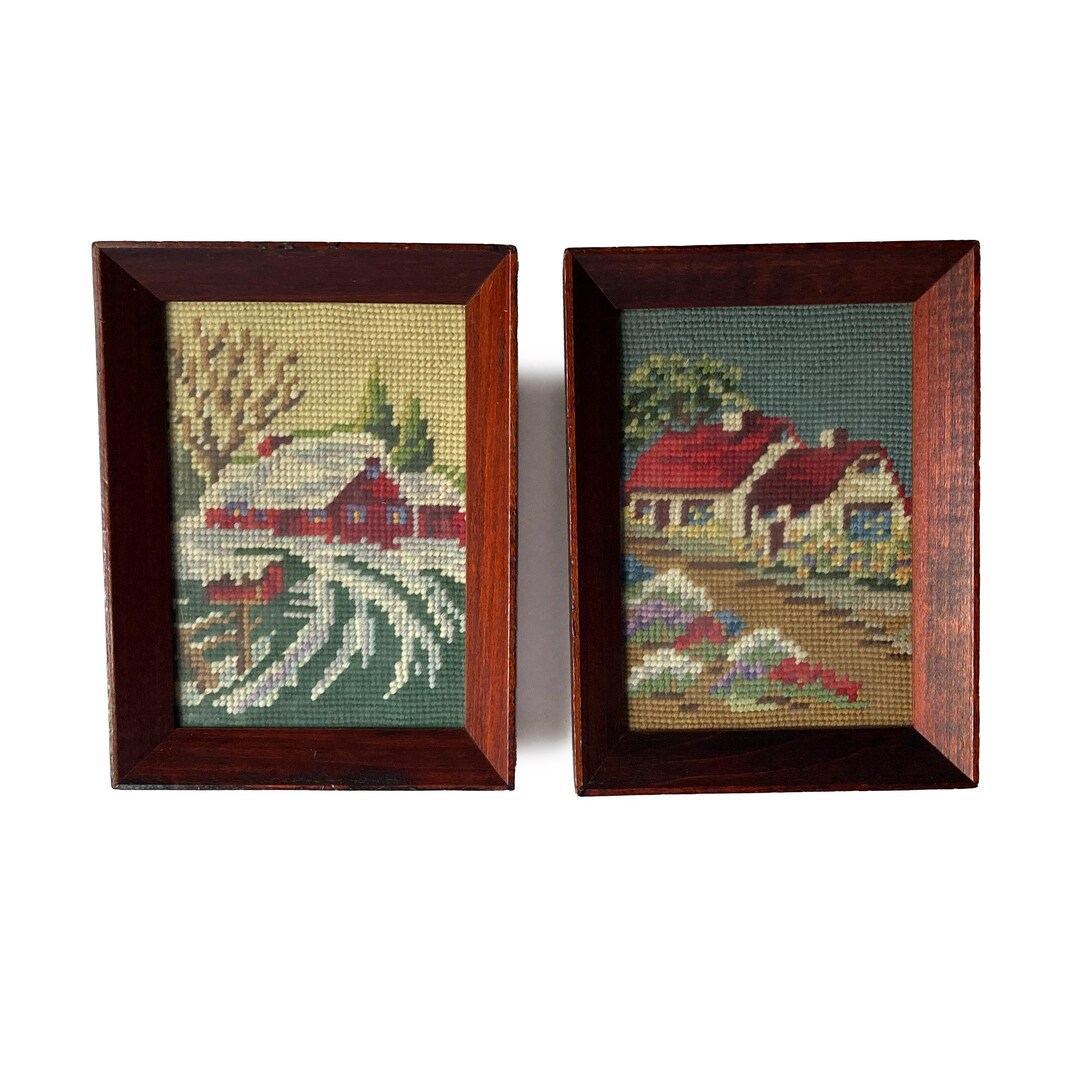 Pair Small Needlepoint Cottage Scenes Winter & Summer Nicely Framed ...