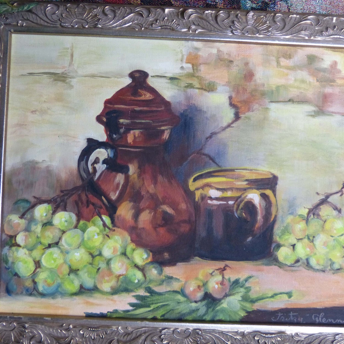 Oil Painting Vintage Still Life Framed Fruit Grapes Copper Pot | Etsy