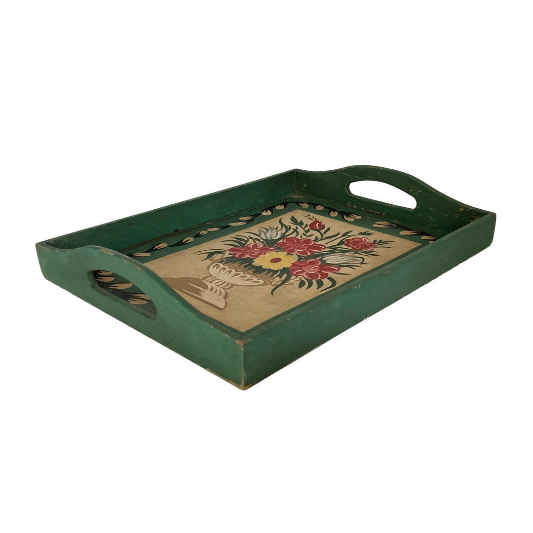Wooden Painted Serving Tray Chippy Green With Flowers - Etsy