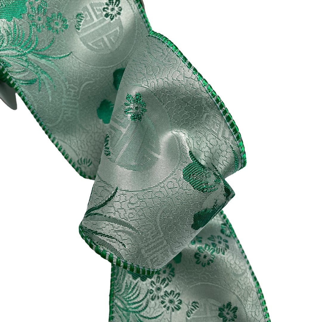 Wired Ribbon 4 Rolls Woven Chinese Floral Pattern Green & Pearl 4" Wide ...