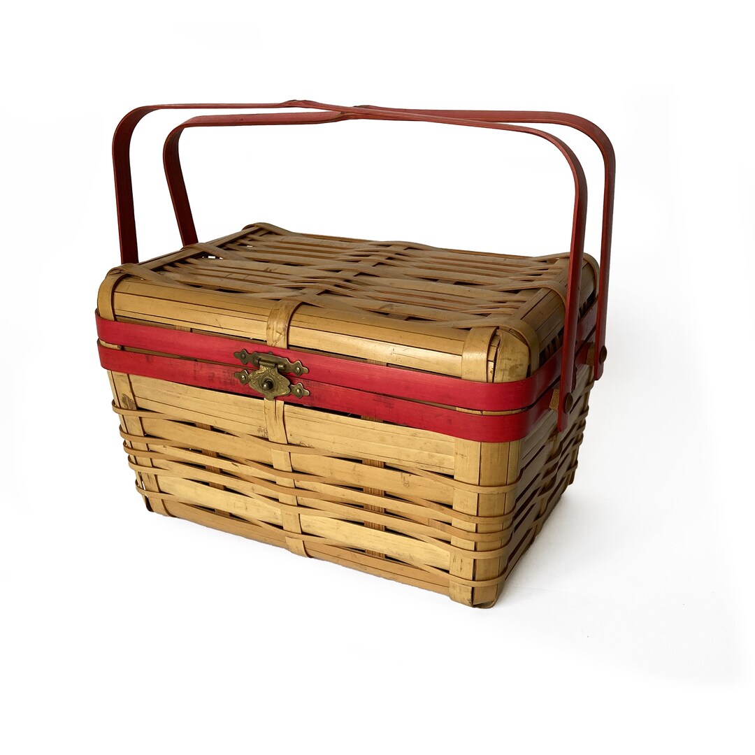Small Bamboo Basket With Articulated Red Handles & Trim Brass Latch ...