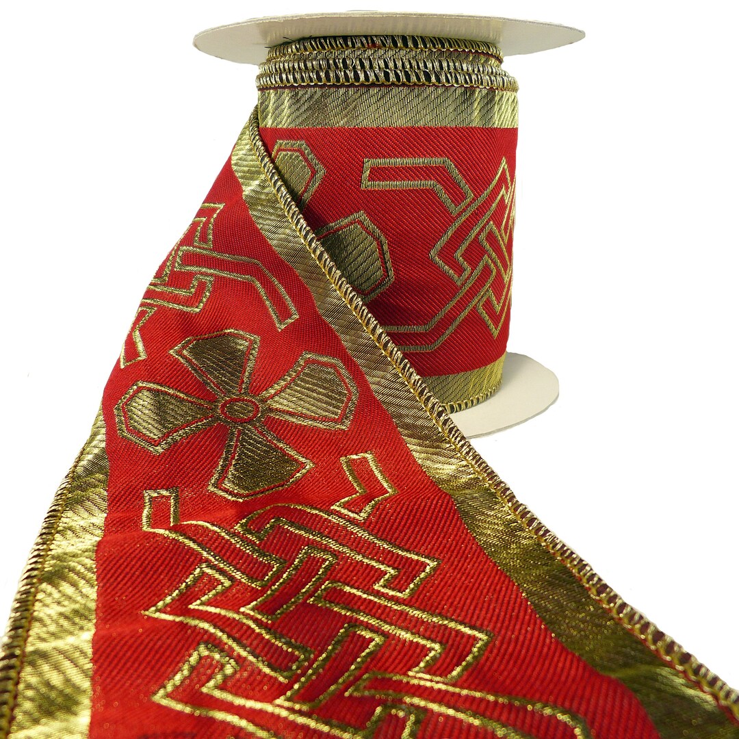Red & Bronze Celtic Knot and Cross Wired Ribbon 4" Wide by the Roll 5 ...