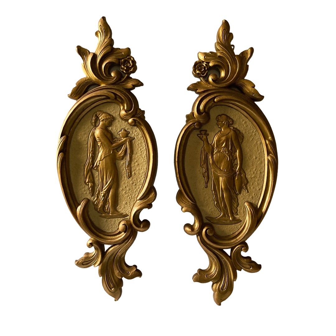 Syroco Inc Pair Gold and Ivory Plastic Wall Plaques Classical Grecian ...