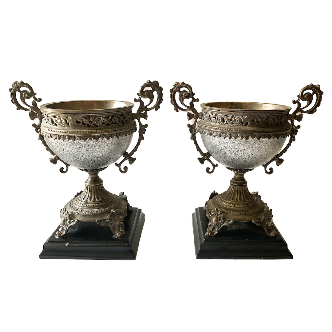 Pair of Silver Ornate Metal Urns on Black Bases Castilian Imports - Etsy
