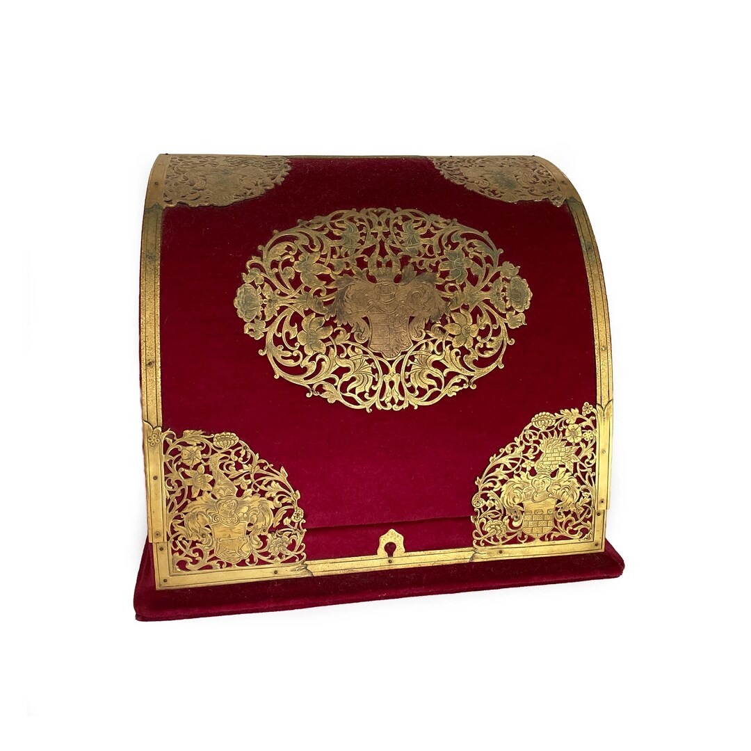 Raspberry Velvet With Brass Filigree Medallions Covered Wooden ...