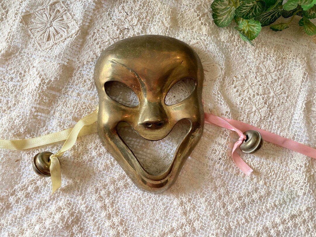 Brass Carnival Smiling Mask With Streamers and Bells - Etsy