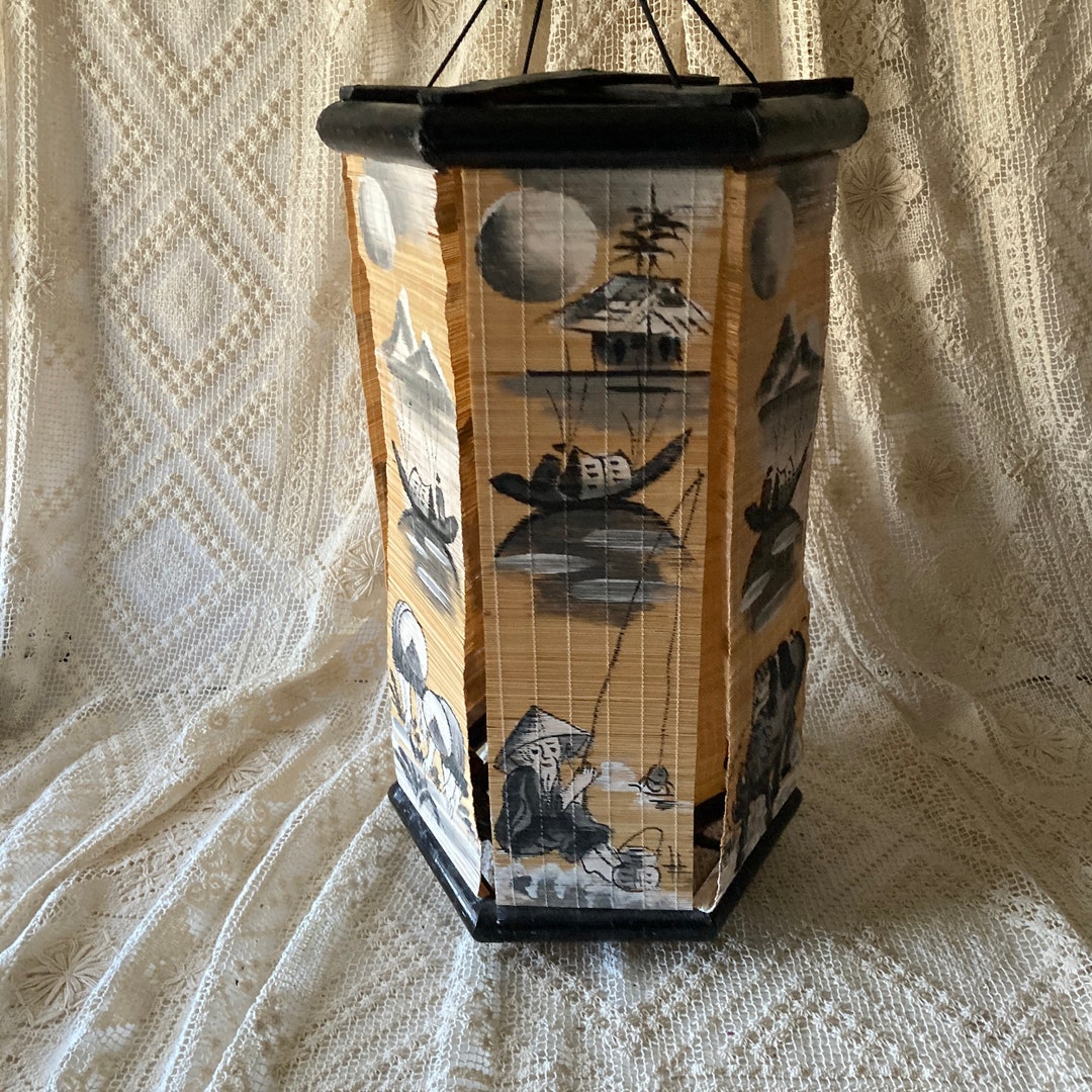 Hexagon Bamboo Lantern Hand Painted Scrolls Made in Japan - Etsy