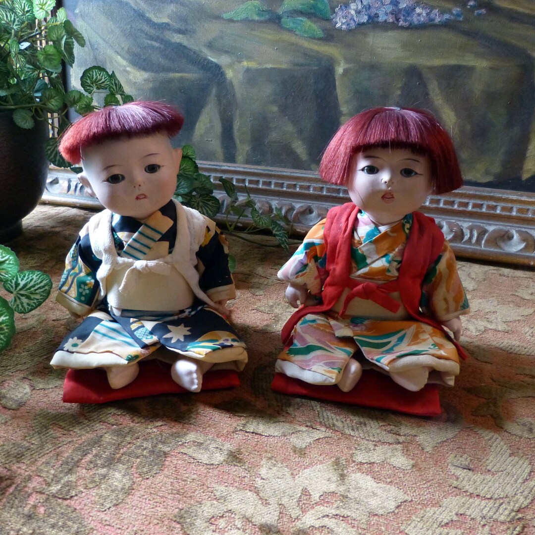 Ichimatsu Japanese Gofun Twin Dolls Glass Eyes Jointed Silk Crepe ...