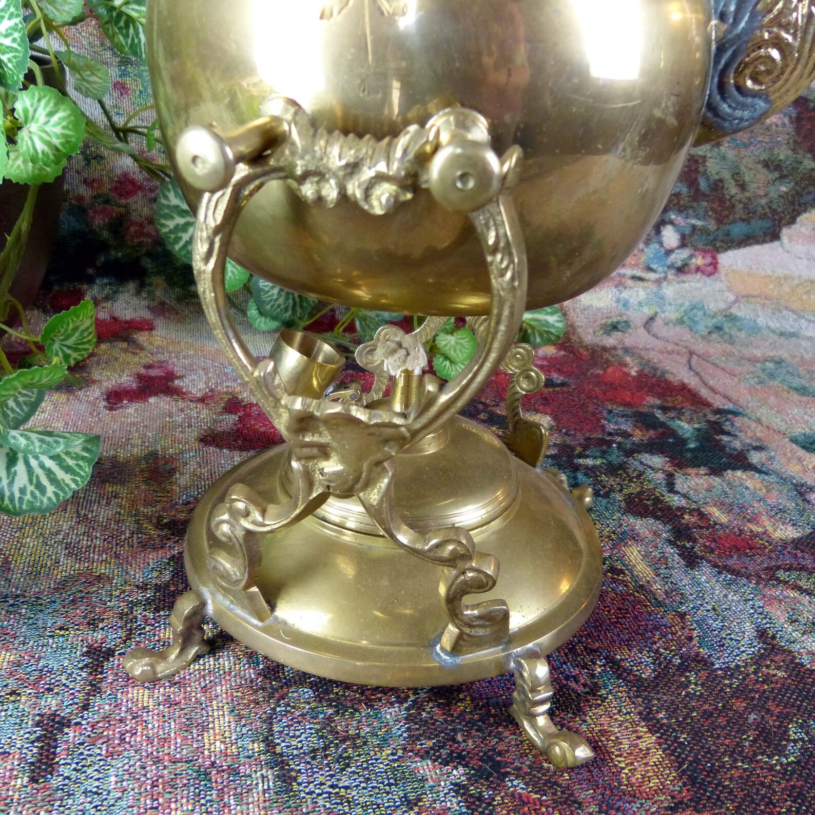 Brass Tilting Teapot on Oil Burning Warming Stand Ornate Design Etched ...